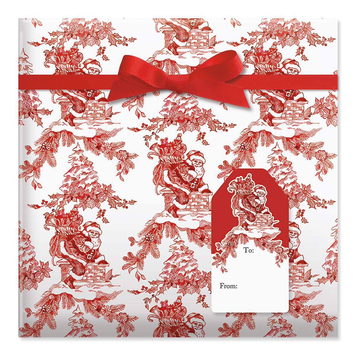 Toile Santa Jumbo Rolled Gift Wrap and Labels | Lillian Vernon