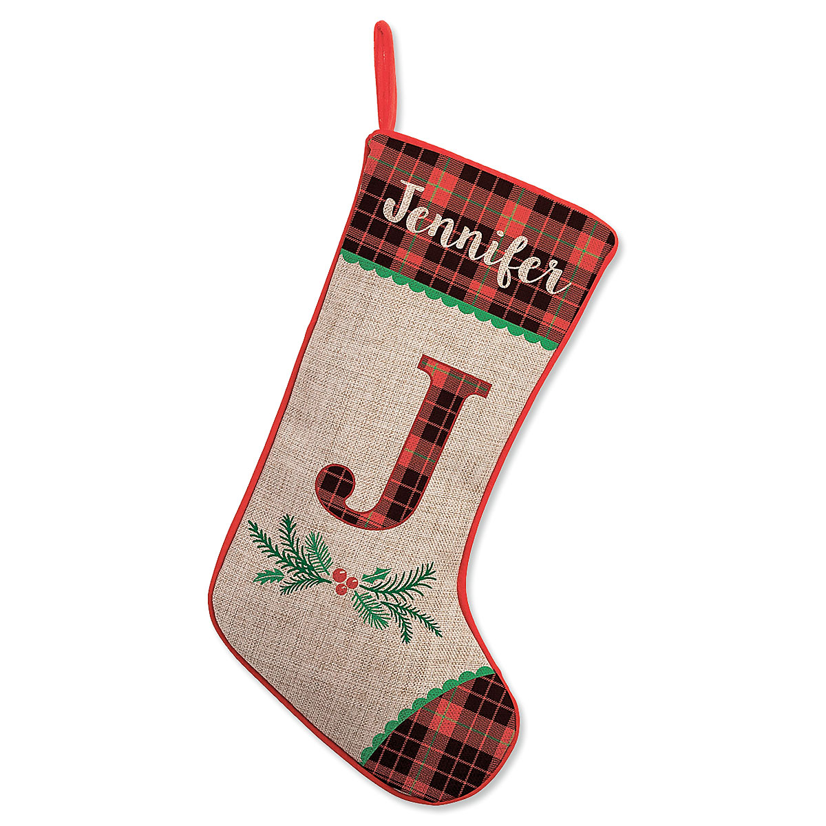 Christmas Plaid Burlap Personalized Stocking | Lillian Vernon