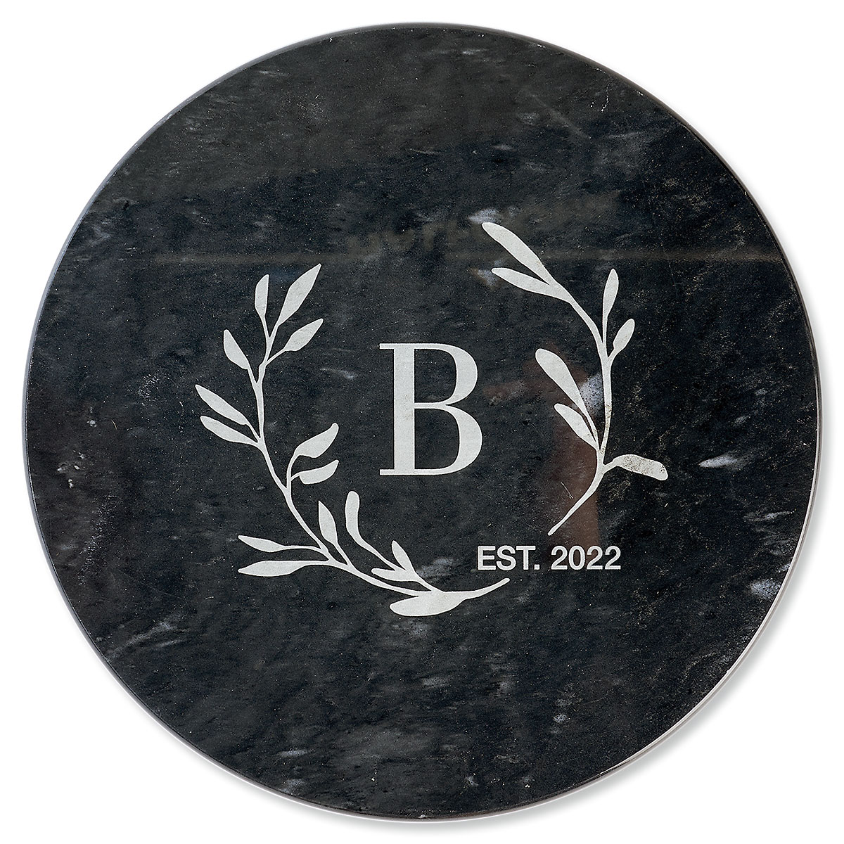 Black Marble Circle Laurel Monogrammed Lazy Susan | Lillian Vernon