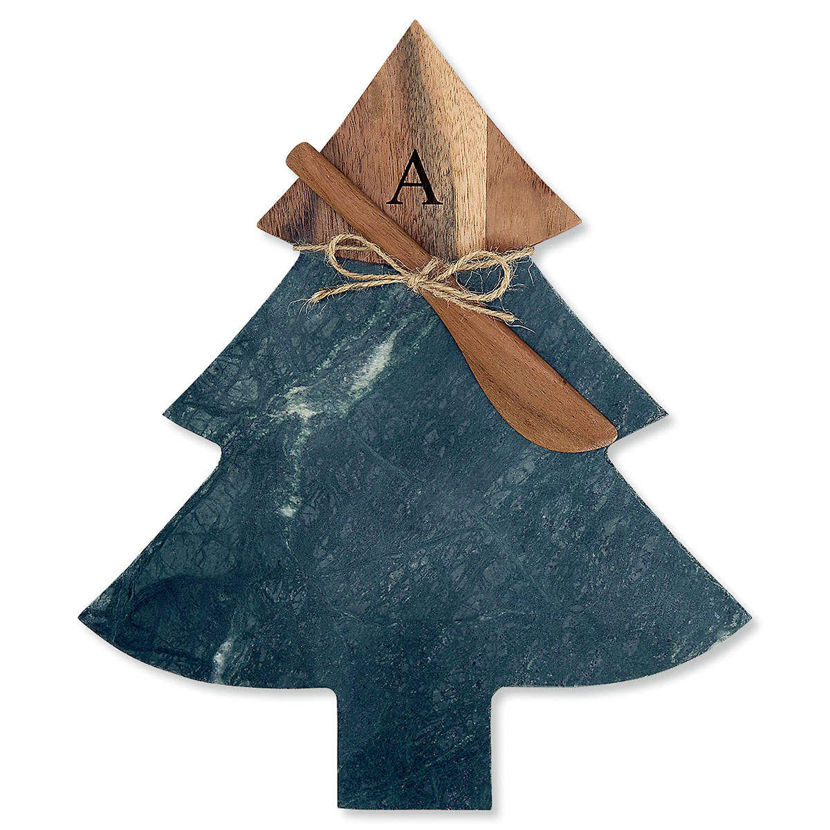 Green Monogrammed Marble & Wood Tree Shaped Board with Spreader ...