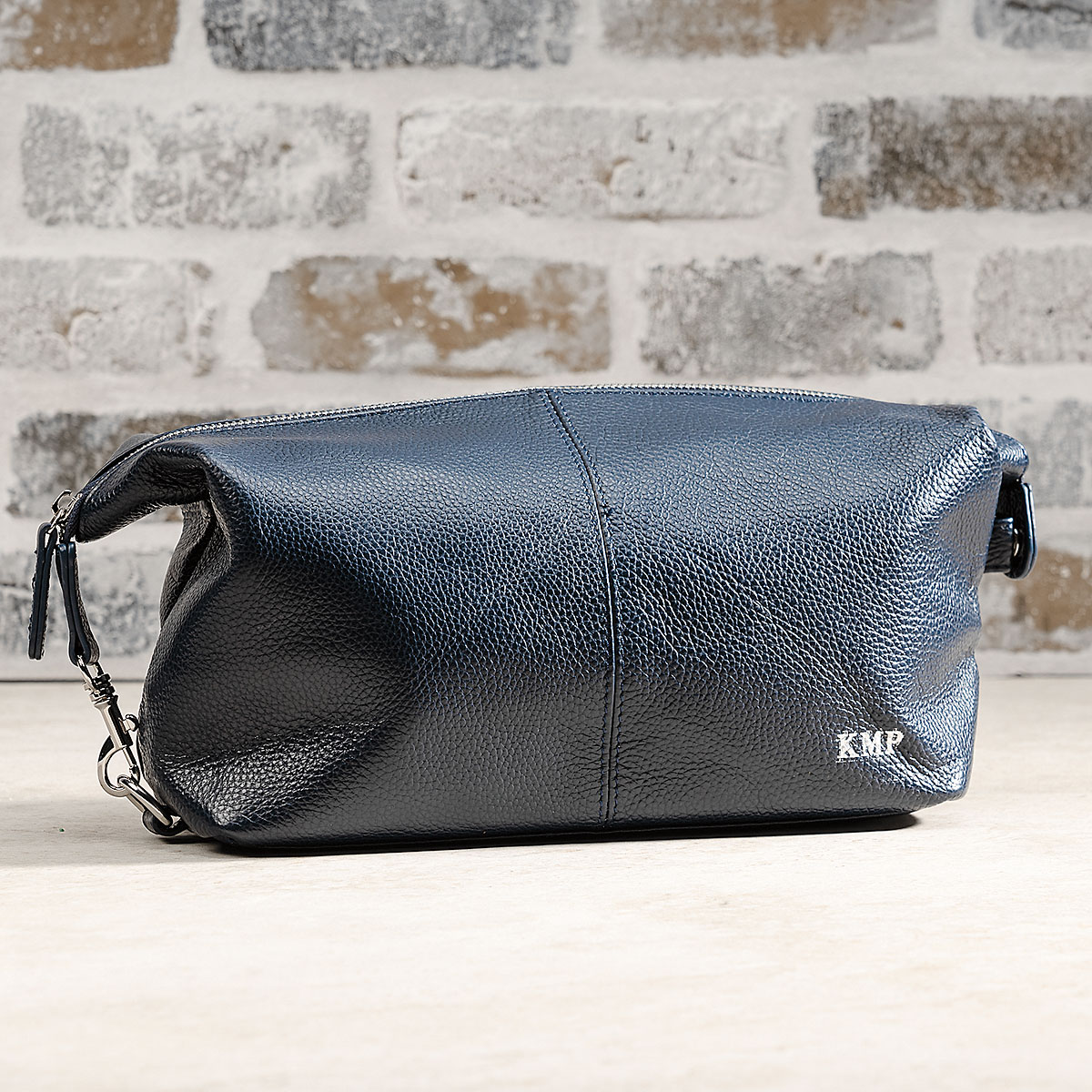 Navy Genuine Leather Monogrammed Toiletry Bag | Lillian Vernon
