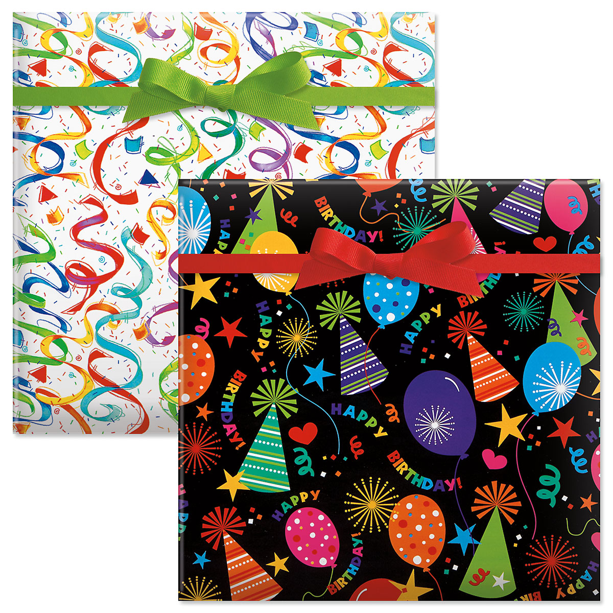 Black Hats/Streamer Confetti Birthday Jumbo Rolled Gift Wrap | Lillian ...